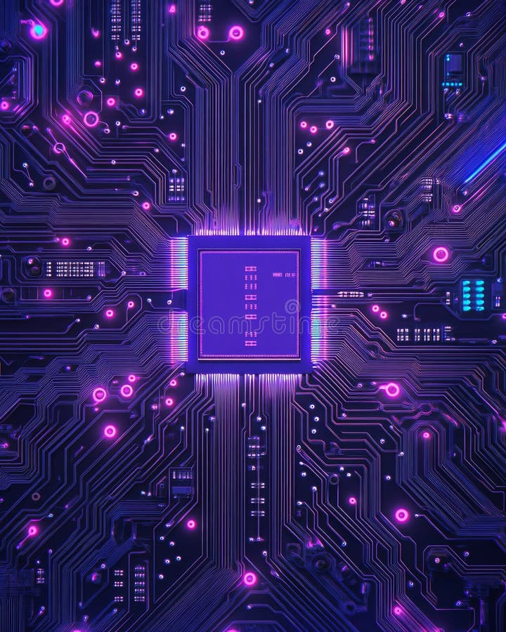 The Circuit Board Numbered 1 Features a Glowing Purple Microchip, a ...