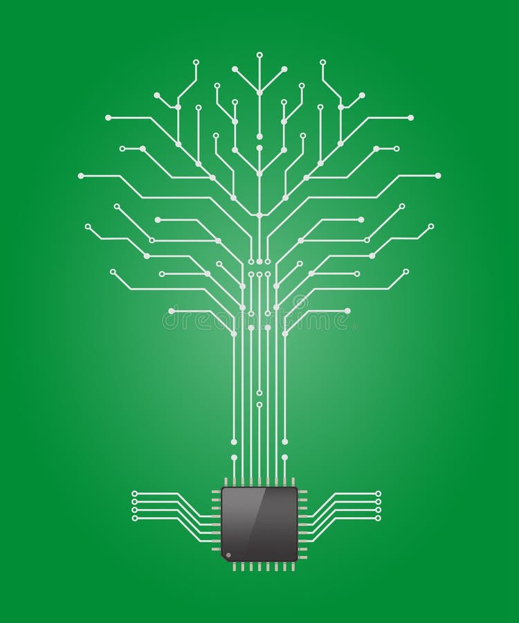 Circuit Board Tree on Green Background Stock Illustration ...