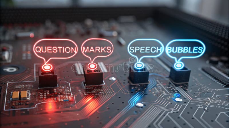Circuit Board Perspective Question Marks and Speech Bubbles Stock ...
