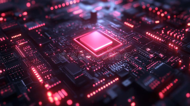 Circuit Board with Red Glowing Processor Stock Illustration ...