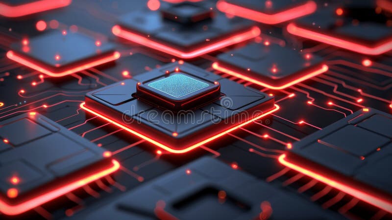 Circuit Board with Red Neon Lights Technology Concept 3D Rendering ...