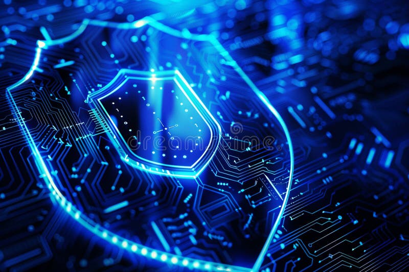 Circuit Board Shield Futuristic Security, Neon Blue Glow, Network ...