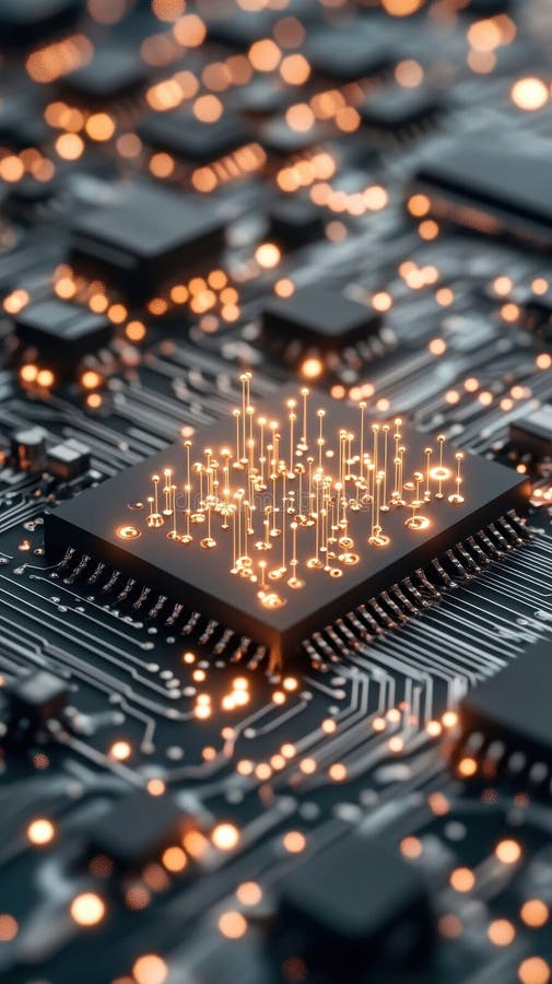 Circuit Board Showing Signal Transmission. Glowing Dots Rise Above Chip ...