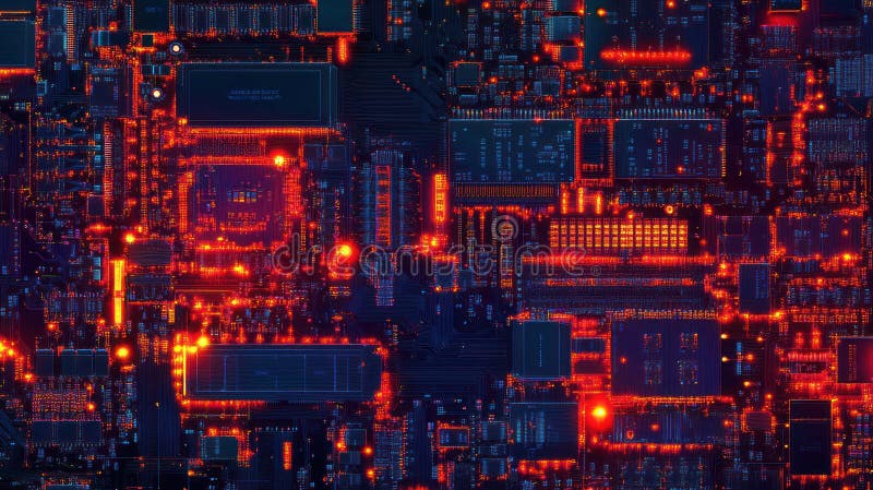 Circuit Board with Glowing Red Components Stock Illustration ...