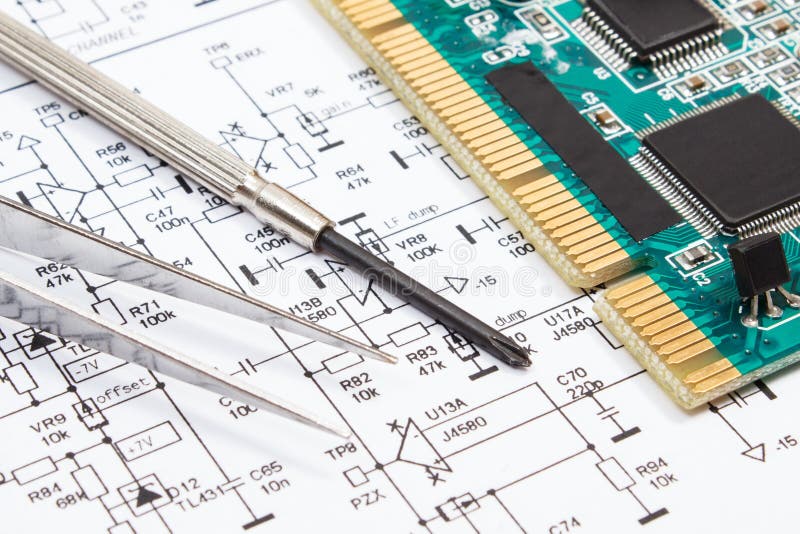 Circuit Board with Transistors, Resistors, Capacitor. Diagram of ...