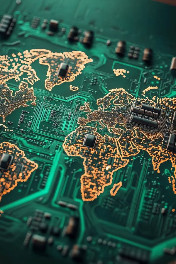 Circuit Board World Map Design with Electronic Elements and Detail ...