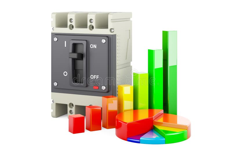 Circuit Breaker with Growth Bar Graph and Pie Chart, 3D Rendering Stock ...