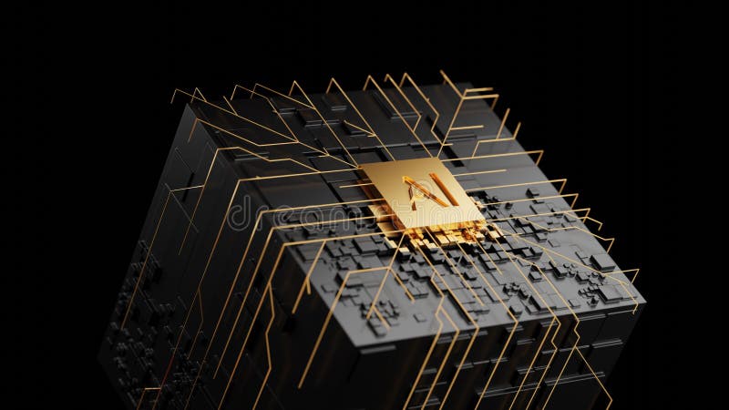 Circuit Cube Board with Gold AI Chip. Central Computer Processors CPU ...