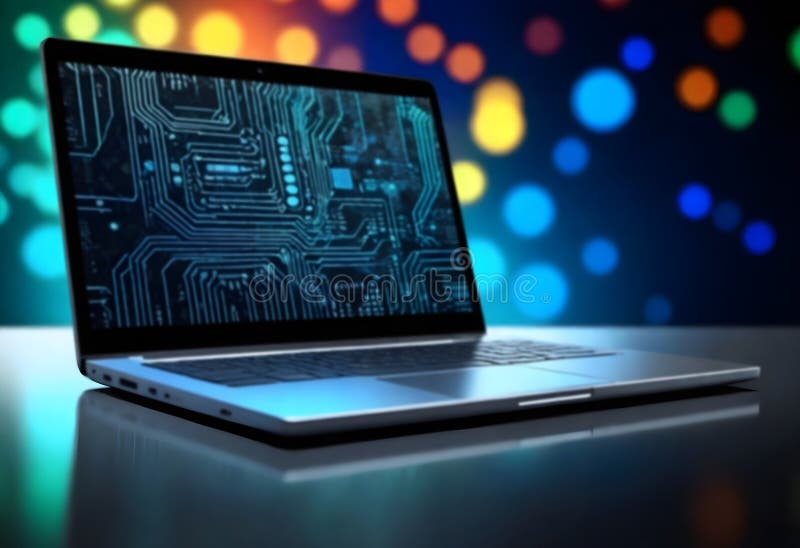 Circuit Elegance: Laptop Display Amidst Glowing Tech Patterns Stock ...
