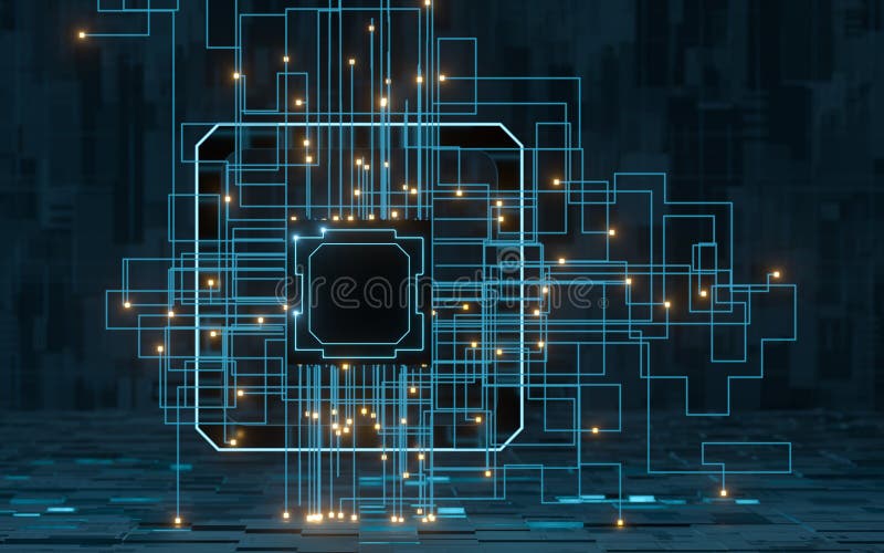 Circuit Lines and Chip with Black Background, 3d Rendering Stock ...