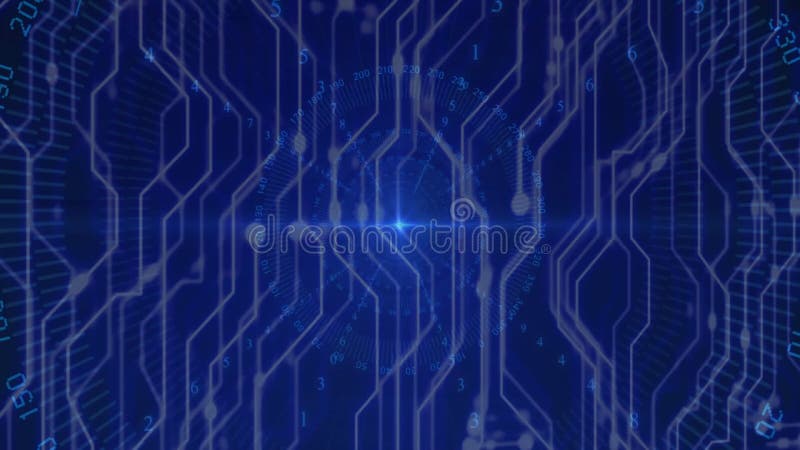 Circuit Network Shimmering and Numeric Labels Glowing while Central Glow Pulsing Showing Data ...