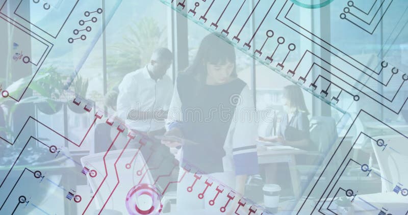 Circuit Pattern Animation Over Diverse Professionals Working in Modern Office Stock Video ...