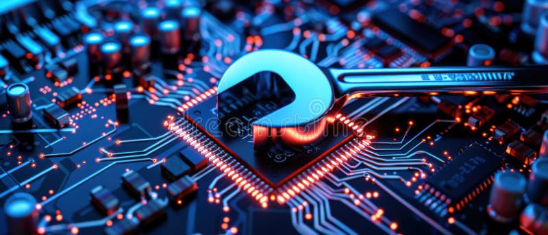 Circuit Repair, Wrench on Illuminated Circuit Board, Technological and ...