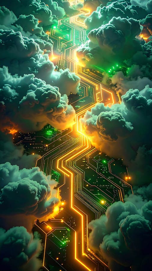 Circuit Skyways of Cloud Computing Neon Pathways through the Storm Stock Illustration ...