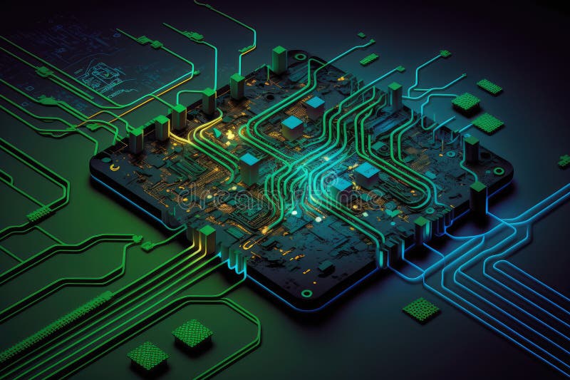 Circuit Technology Concept in Blue and Green with Circuit Paths and ...