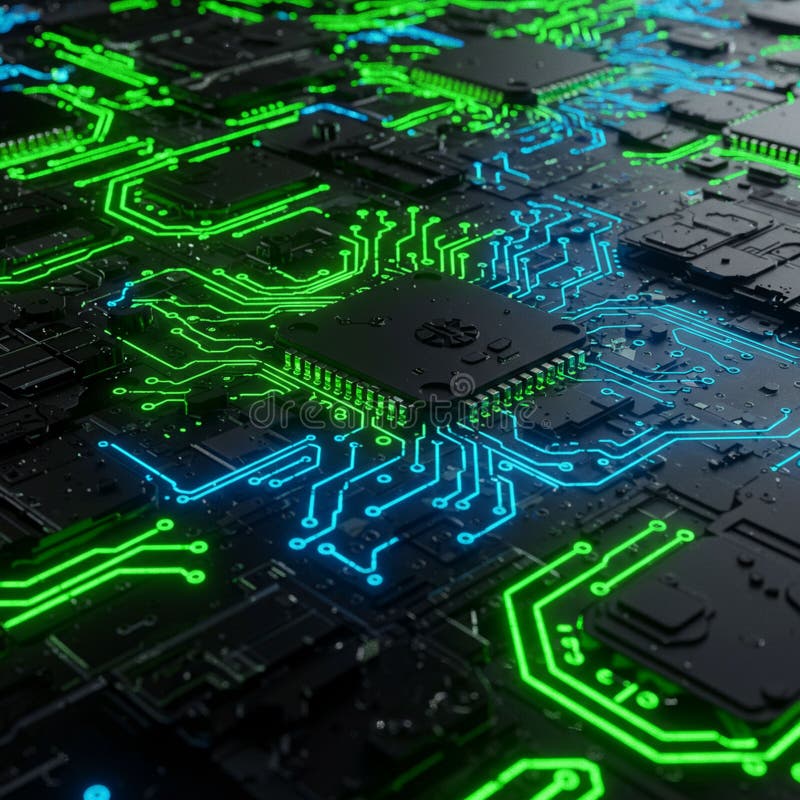 Circuitry with Vibrant Green and Blue Lines on a Dark Background ...