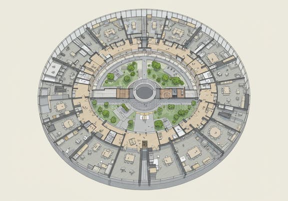 Circular Architectural Floor Plan with a Central Courtyard Featuring ...