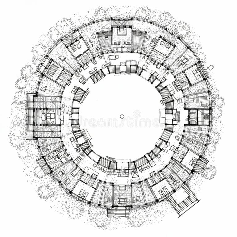 Circular Architectural Floor Plan Featuring Multiple Radial Units ...