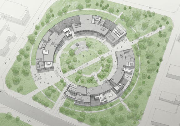 Circular Architectural Layout Featuring Interconnected Buildings ...