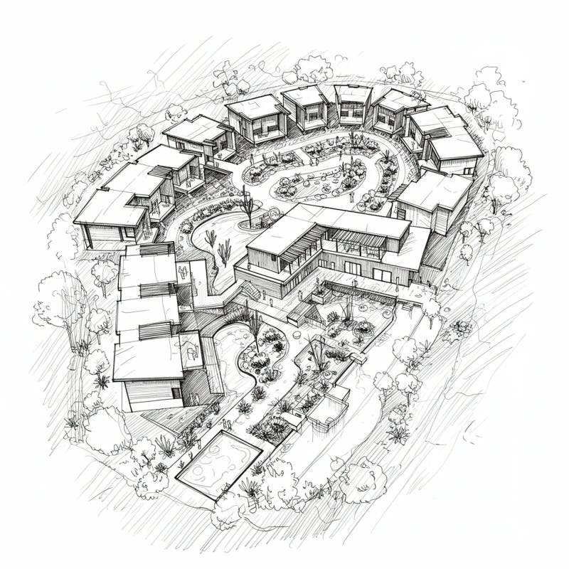 Circular Architectural Layout Showcasing Modern, Rectangular Buildings ...