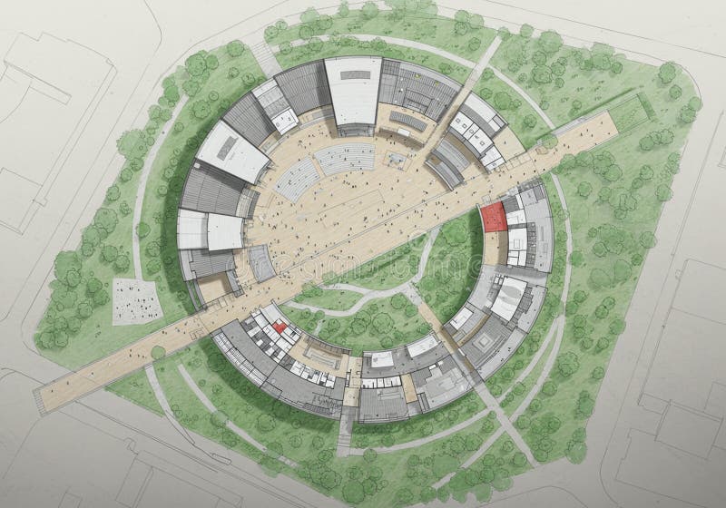 Circular Architectural Plan Featuring a Central Courtyard with ...