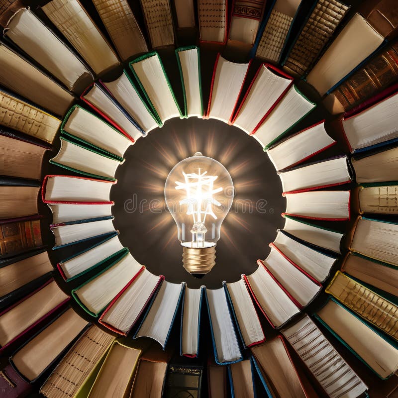 Circular Arrangement of Books Around Glowing Light Bulb Stock ...