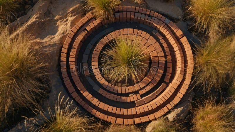 Aerial View of Circular Brick Pathway Surrounded by Ornamental Grass ...