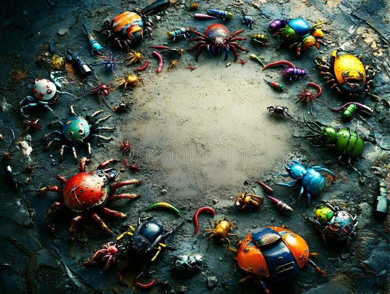 A Circular Arrangement of Colorful, Artistic Insect Sculptures on a ...