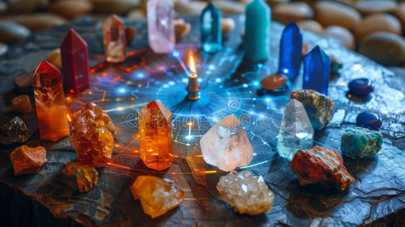 A Circular Arrangement of Healing Crystals on a Dark Surface. Sacred ...