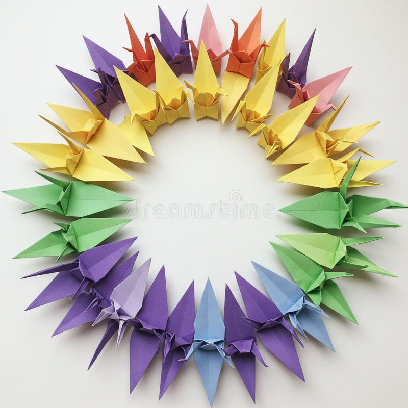 A Circular Arrangement of Origami Cranes, Each Crafted from Colored ...