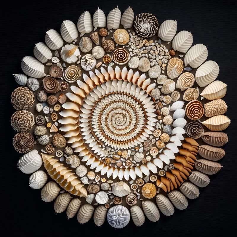 Circular Arrangement of Shells on Black Background. Generative AI Stock ...
