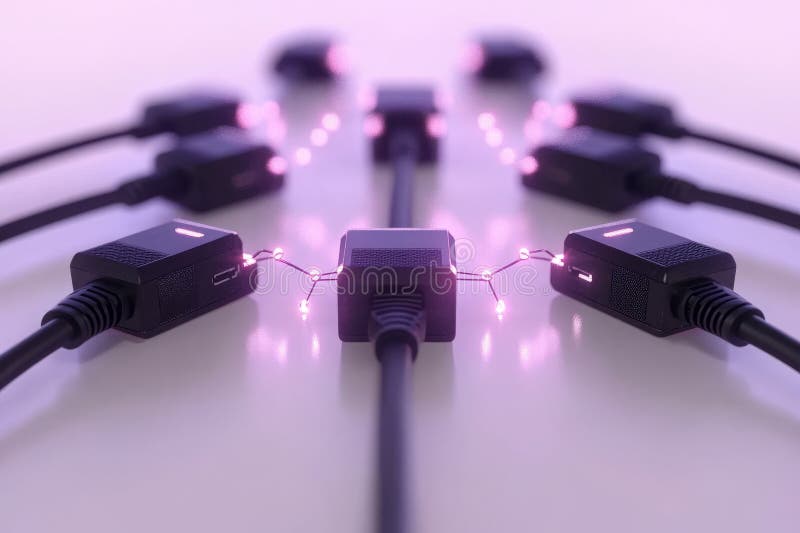 Circular Arrangement of USB Cables with Glowing Pink Tips Connected in ...