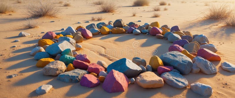 Circular Arrangement of Various Colorful Rocks on Desert Sand Stock ...