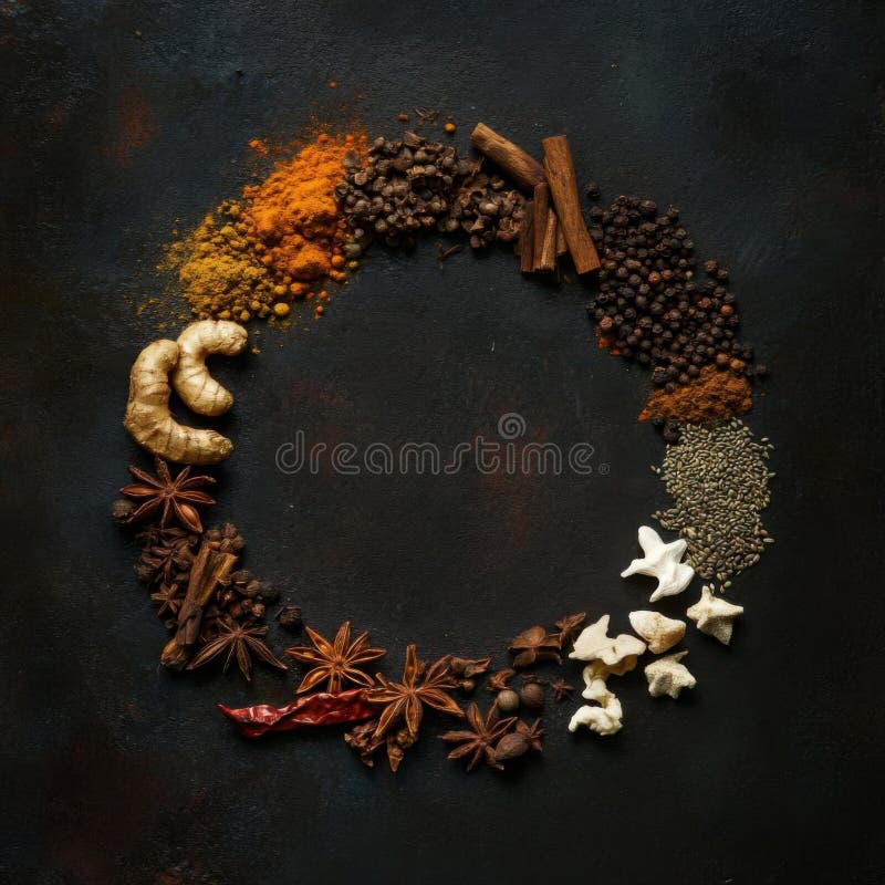 Circular Arrangement of Various Spices on a Dark Background. Concept of ...