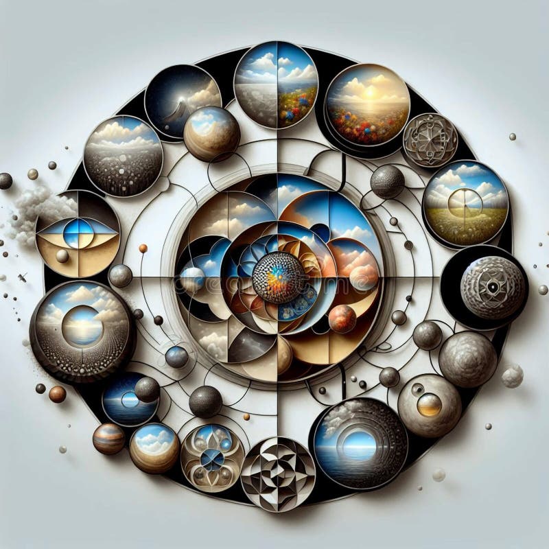 Circular Artwork of Landscapes and Celestial Bodies. Stock Illustration ...