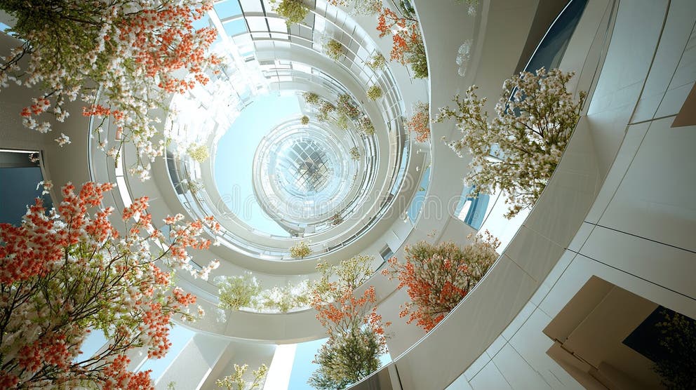 Circular Atrium with Spiral Staircase and Blossoming Trees Stock ...