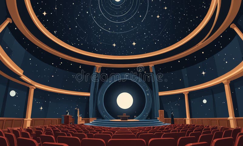 Circular Auditorium with Starry Sky Ceiling, Featuring Stage and Rows ...