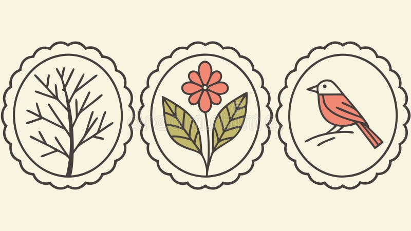 Circular Badges with Tree, Flower, and Bird, Nature Elements, Vector ...