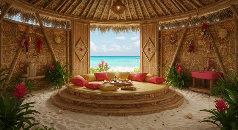 Circular Bamboo Podium in Tropical Thatched Hut with Ocean View Stock ...