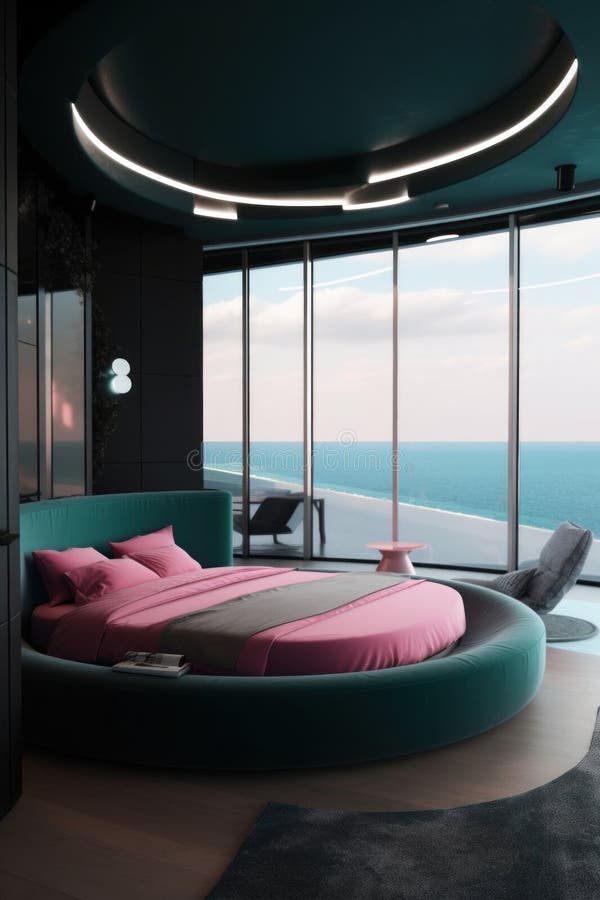 A Circular Bed in a Room with a View of the Ocean. Generative AI Image ...
