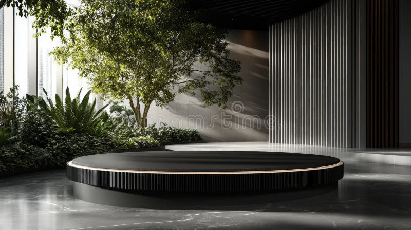 Circular Black Platform in Modern Interior with Greenery Stock ...