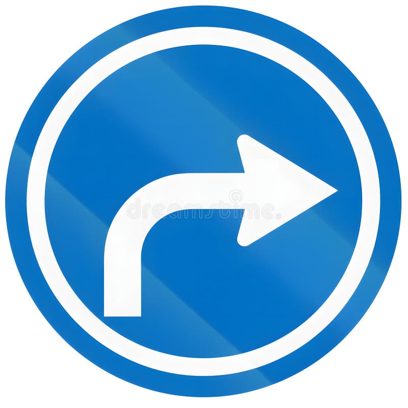 Circular Blue Road Sign Indicating Right Turn Direction with White ...