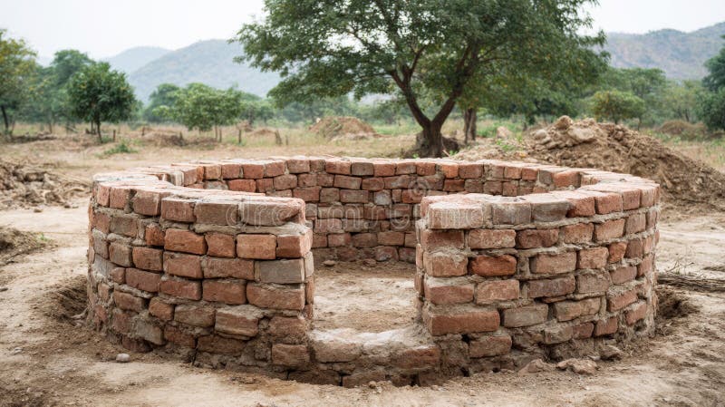 Circular Brick Well Structure Being Built in a Rural Area, Showcasing ...