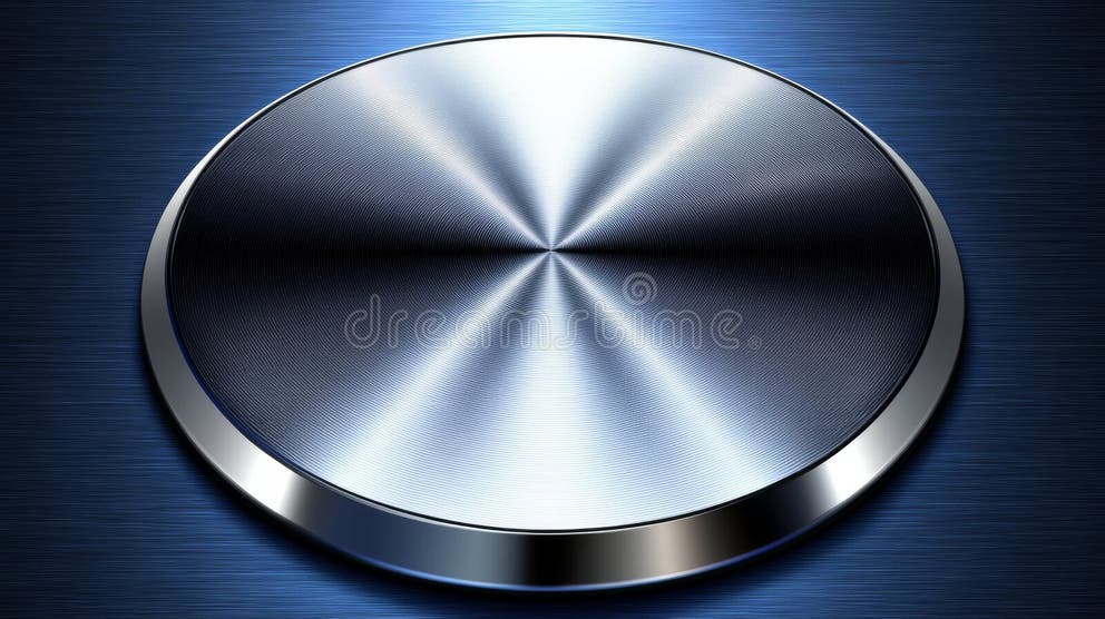 Circular Brushed Metal Button Design, Blue Background, Chrome, Metallic ...