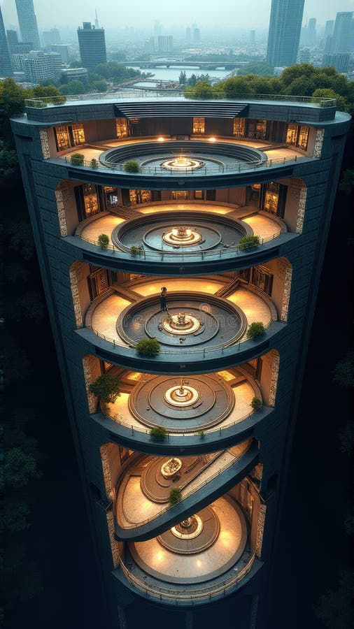 Circular Building with Fountains Stock Illustration - Illustration of ...