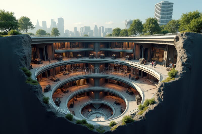 Circular Building Hidden in a Cliff with City Skyline in the Background ...