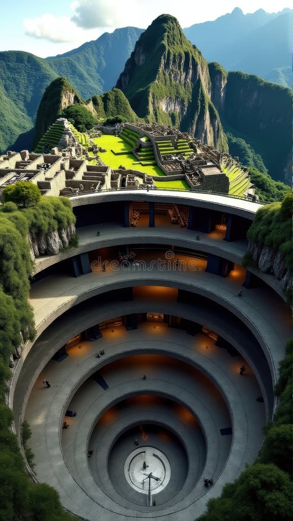 Circular Building with Machu Picchu in the Background Stock ...