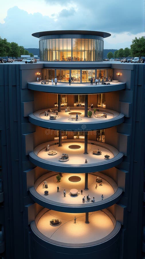 Circular Building with Multiple Levels and People Stock Illustration ...