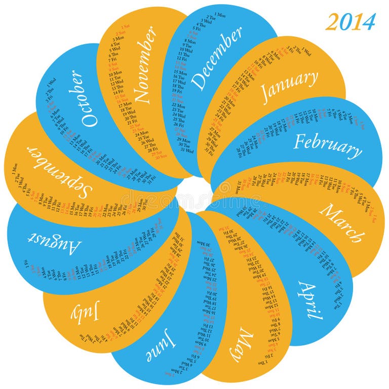Circular calendar for 2014 stock vector. Illustration of date - 33153211