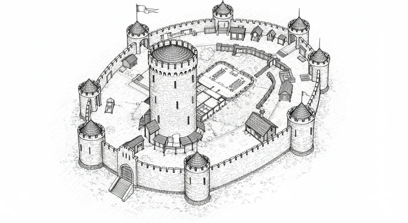 Circular Castle with a Central Keep, Surrounded by High Stone Walls and ...